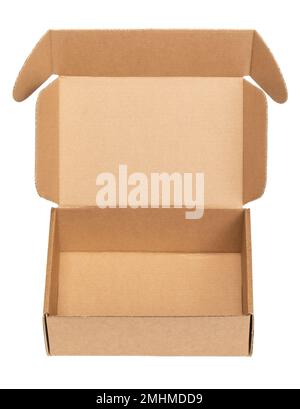 Open empty foldable corrugated postal box isolated on white background ...