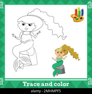 Trace and color for kids, mermaid vector illustration Stock Vector ...