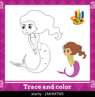 Trace and color for kids, mermaid vector illustration Stock Vector ...