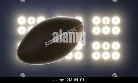 Super bowl football Spinning on floodlight background 3d illustration ...