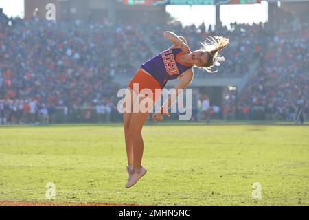 Clemson cheerleaders perform after the Tigers scored a touchdown during ...