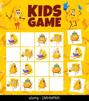 Cartoon maasdam and gouda cheese characters, find the correct shadow ...