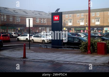 Bowen Square shops and car park in winter, Daventry, Northamptonshire ...