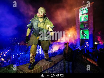 An actor stands on a wall of the medieval Frankenstein Castle about 35 ...