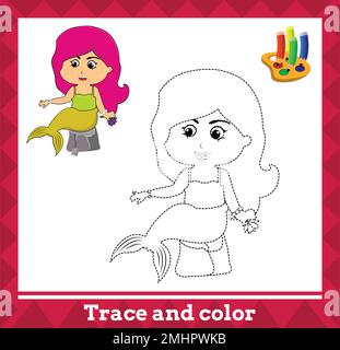 Trace and color for kids, mermaid vector illustration Stock Vector ...