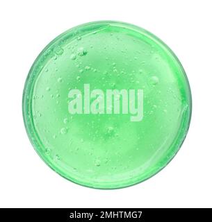 Green slime in plastic container isolated on white. Antistress toy ...
