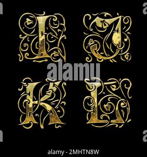 3D rendering of Golden Gothic style font alphabet - letters A-D Stock ...