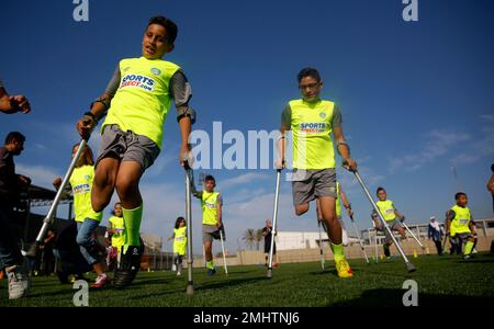 Palestinian amputee children play a soccer match at al-Durra play field ...