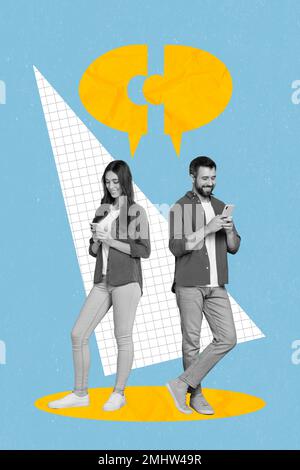 Vertical collage image of two black white colors people pc monitor ...
