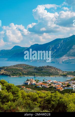 a view over Palaia Epidavros, in Greece, and the small theater of the ...