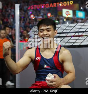 Carlos Edriel Yulo of Philippines celebrates during an award ceremony ...