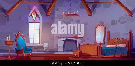 Medieval castle bedroom interior design with furniture. Vector cartoon ...