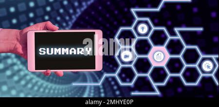 Sign displaying Summary. Business approach Brief Statement Abstract ...