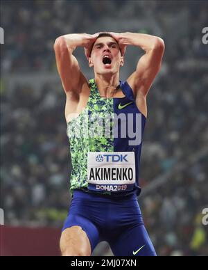 Mikhail AKIMENKO in the high jump at the Doha 2019 World Athletics ...