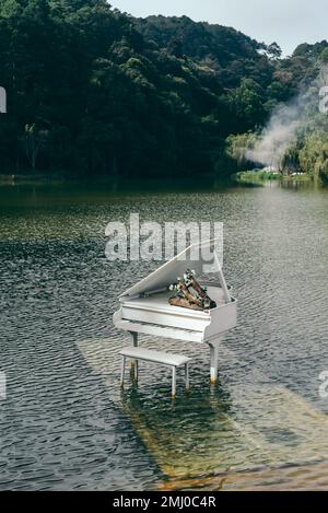 White old rusty piano inside the lake against the pine forest in Da Lat ...