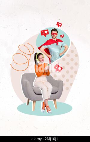 Vertical collage picture of positive girl climbing drawing ladder up ...