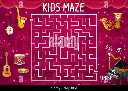 Labyrinth maze game. Cartoon musical instrument characters. Search path ...