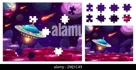 Space galaxy jigsaw puzzle game pieces. Astronaut and starship in outer ...