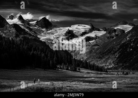 Val Rosegg with two walkers and Bernina Group, St Moritz, Engadin ...