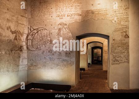 Cells with graffiti of the prisoners, Chiaramonte Steri Palace, in the ...