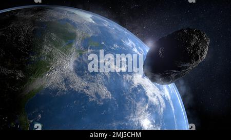 Small rock asteroid passing very close to planet Earth with the sun shining in the background ...