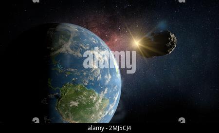 Small rock asteroid passing very close to planet Earth with the sun ...