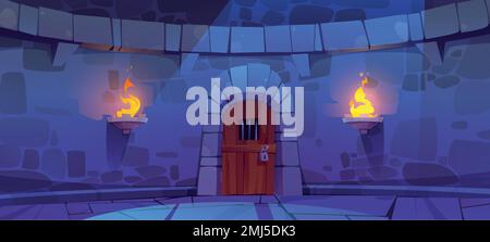 Vector cartoon of castle dungeon with torch with fire, iron shackles on ...