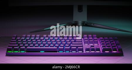 Computer Gaming PC keyboard neon light Futuristic modern workplace 3d ...