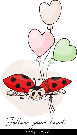 Funny ladybug. Small insect with balloons. Vector illustration. Outline ...