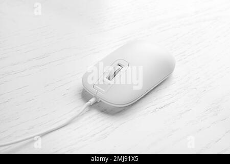 Modern wired optical mouse on white background, top view Stock Photo ...