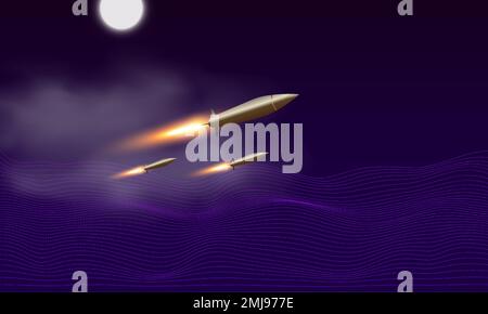 Realistic flying rockets in motion with the fiery trace. Vector ...