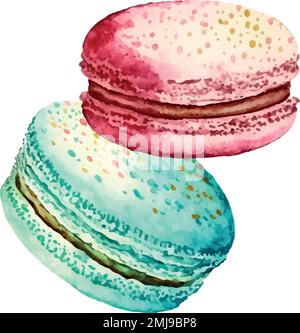 Watercolor image of blue macaroon decorated with bright pink daisy ...