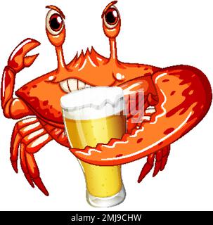 Cute crab cartoon character drinking beer illustration Stock Vector ...