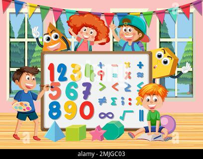 Number and math equation on whiteboard with student in classroom ...