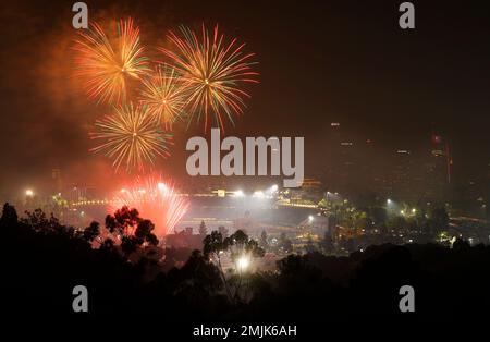 Los Angeles skyline and Dodgers baseball stadium, California, USA Stock ...