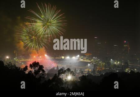 Los Angeles skyline and Dodgers baseball stadium, California, USA Stock ...
