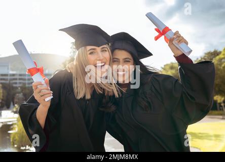 Women friends, hug and graduation portrait at college, campus and ...