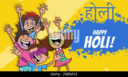 Cartoon illustration of Hindu Holi festival design with comic people ...