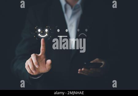 Customer reviews good smile and hand good sign, Businessman with ...