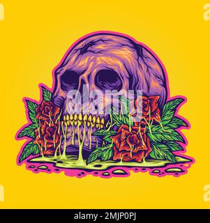 Vector skull and rose flower logo icon, Art Halloween floral detailed ...