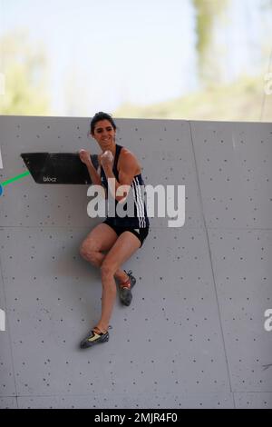 Fanny Gibert, of France, competes during the women's bouldering final ...