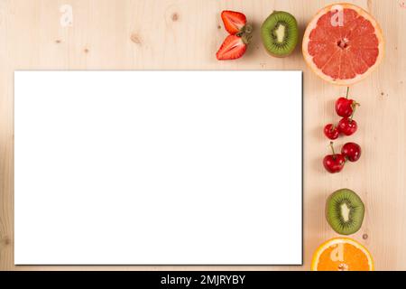 Spring abstract strawberry cherry kiwi fruit background with blank ...