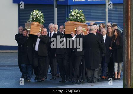 The coffins of Alex and Ann Easton arrive for a Service of Thanksgiving ...