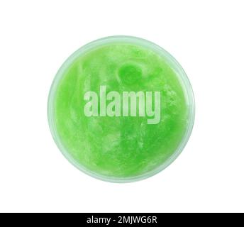 Green slime in plastic container isolated on white, top view ...