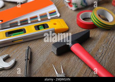 Many different construction tools on grey marble table Stock Photo - Alamy