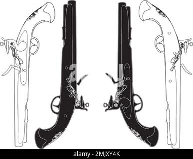 Flintlock pistol, pirate gun firelock musket isolated monochrome icon ...