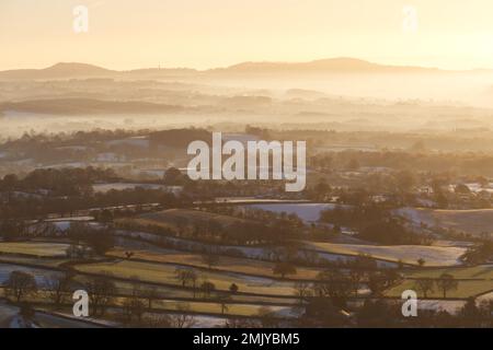 Winter sunrise view of the Teme Valley, taken from Clee Hill Common ...