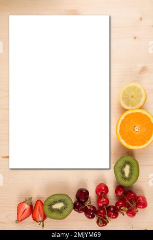 Spring abstract strawberry cherry kiwi fruit background with blank ...