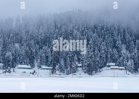 Beautiful view of Gulmarg during winter season surrounded by snow ...