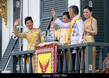 Thailand's Queen Suthida and Princess Bajrakitiyabha (behind) attend the annual ploughing ...